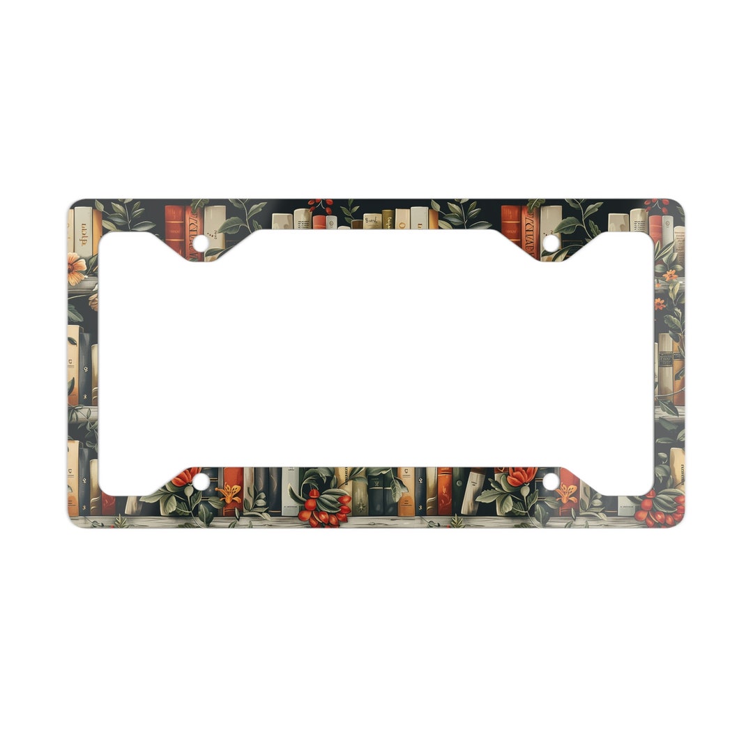 Vintage Book License Plate Frame Floral Book Shelf Metal License Frame ...