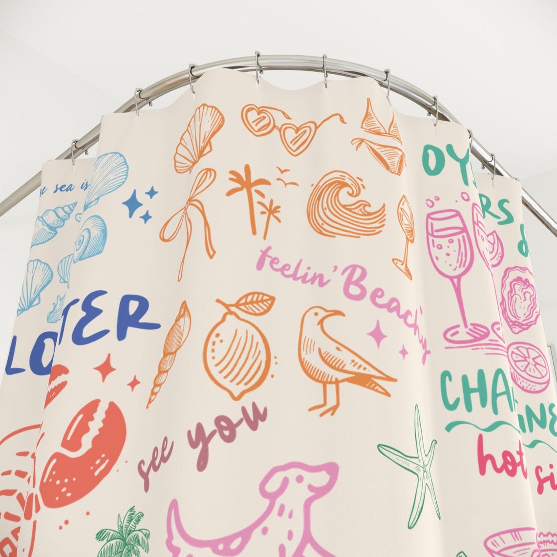 Hand Drawn Doodle Style Shower Curtain Summer Shower Curtain Unique ...