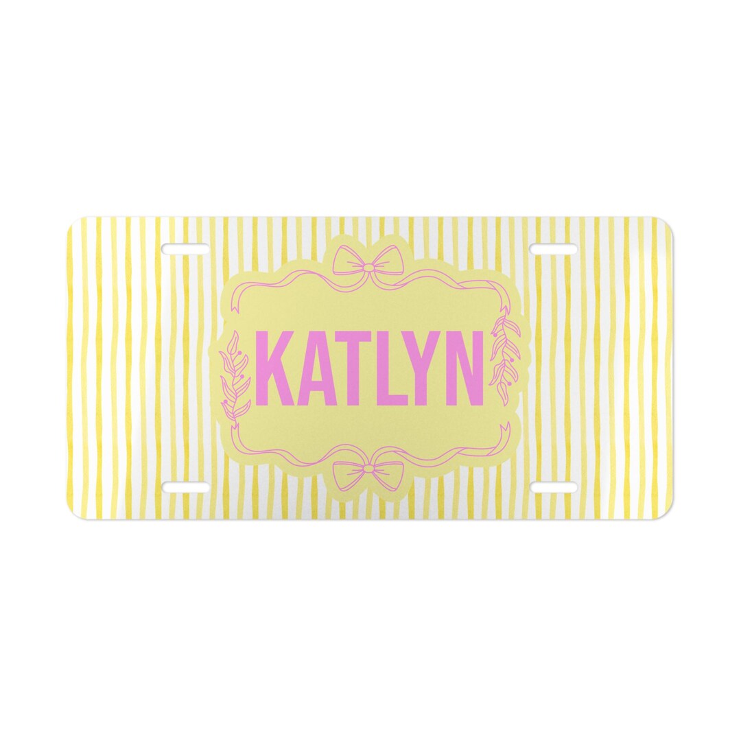 Custom Text Car Plate Personalized Yellow Stripe Sign Pink Name ...
