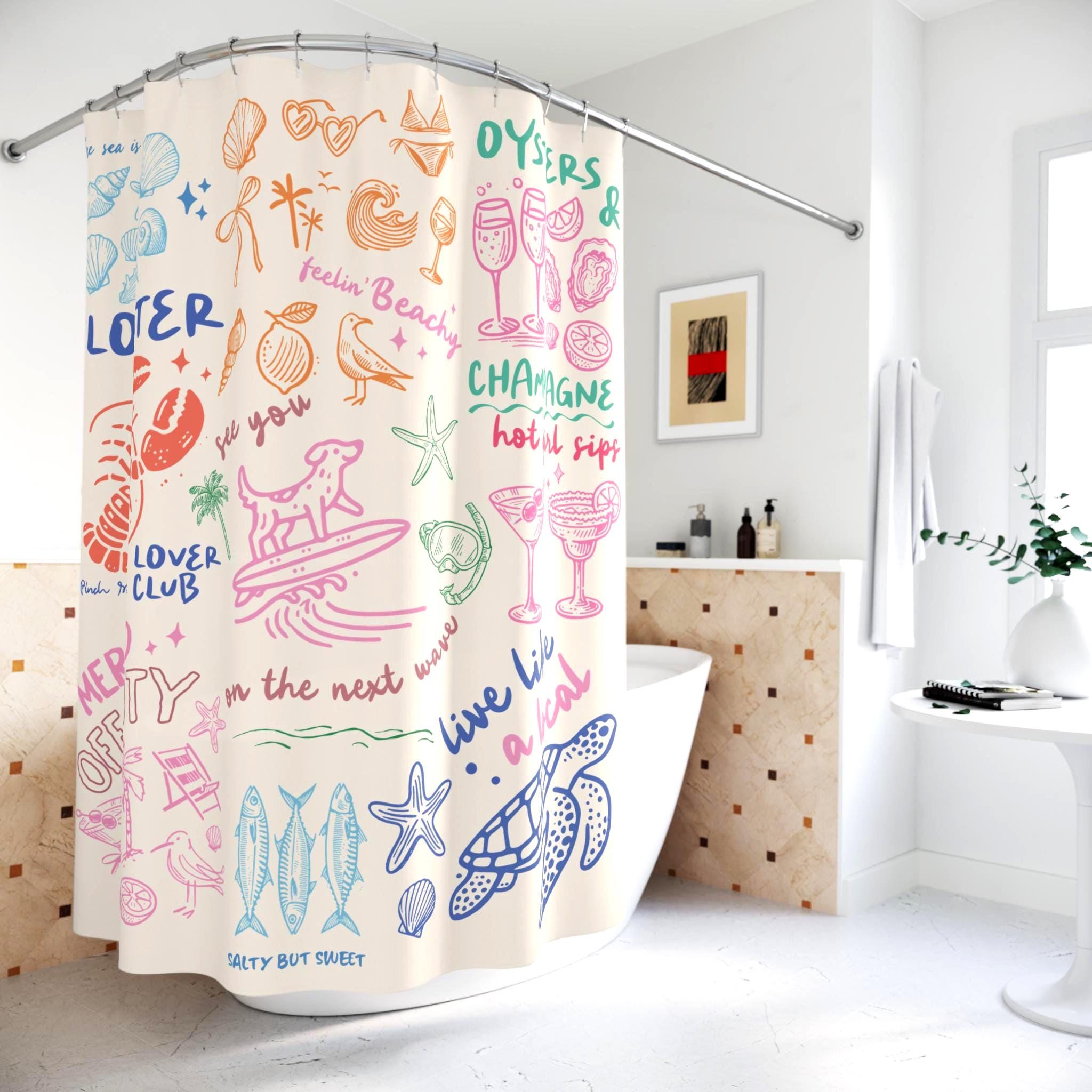 Hand Drawn Doodle Style Shower Curtain Summer Shower Curtain Unique ...
