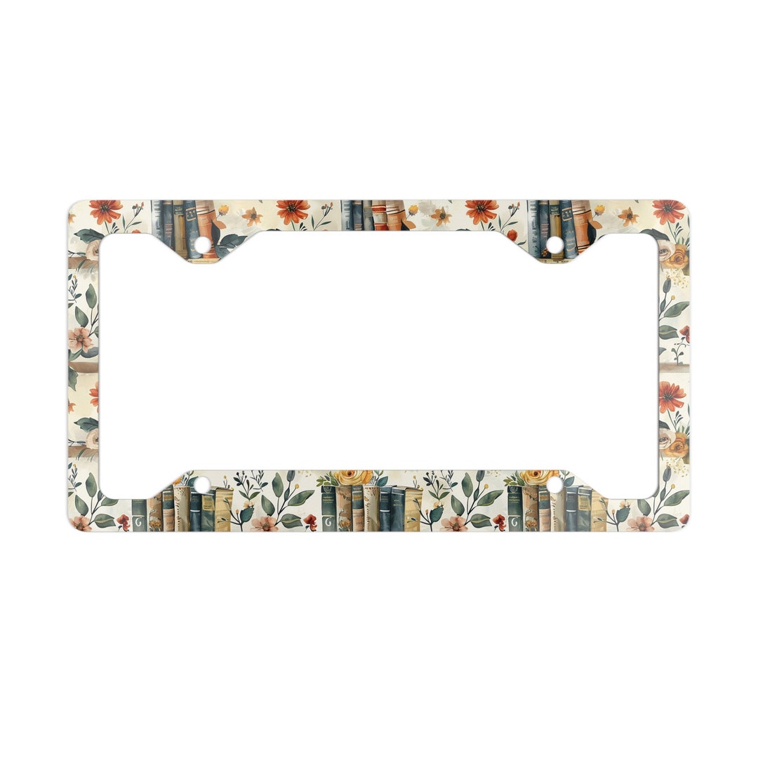 Vintage Book License Plate Frame Floral Book Shelf Metal License Frame ...