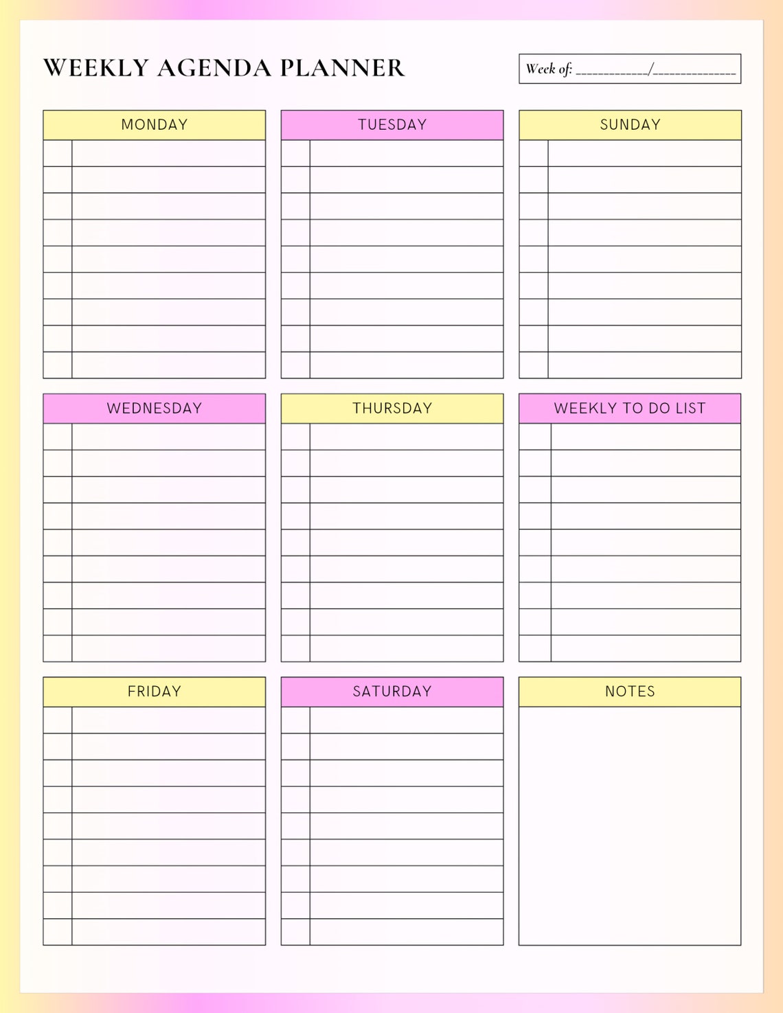 Pink and Yellow Weekly Planner - Etsy