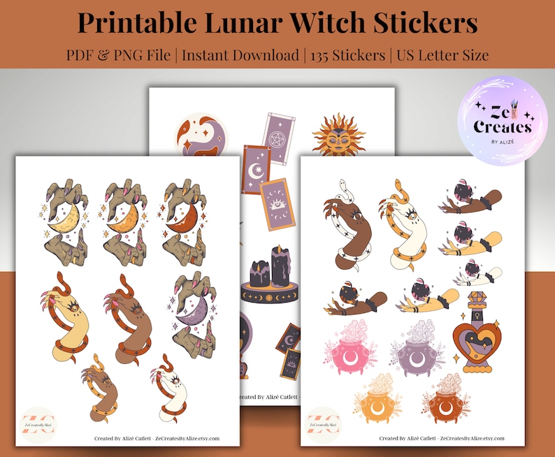 Printable Mystic Witch Stickers, Printable Lunar Witch Stickers, Witchy ...