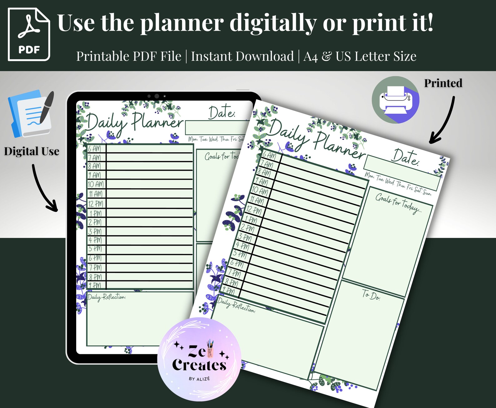 Printable PDF Daily Planner, Daily Schedule, A4 & US Letter Size, to Do ...