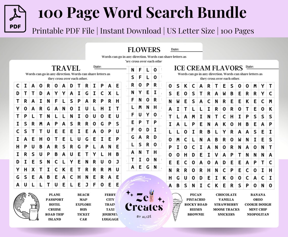 100 Page Printable Word Search Bundle, Word Search Puzzles for Kids and ...