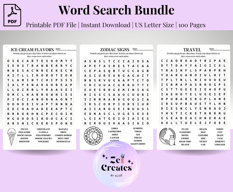 100 Page Printable Word Search Bundle, Word Search Puzzles for Kids and ...