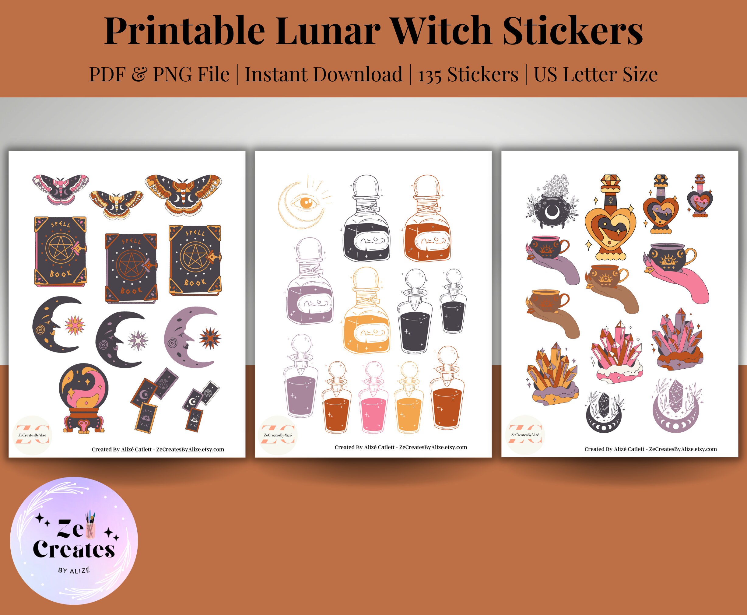 Printable Mystic Witch Stickers, Printable Lunar Witch Stickers, Witchy ...