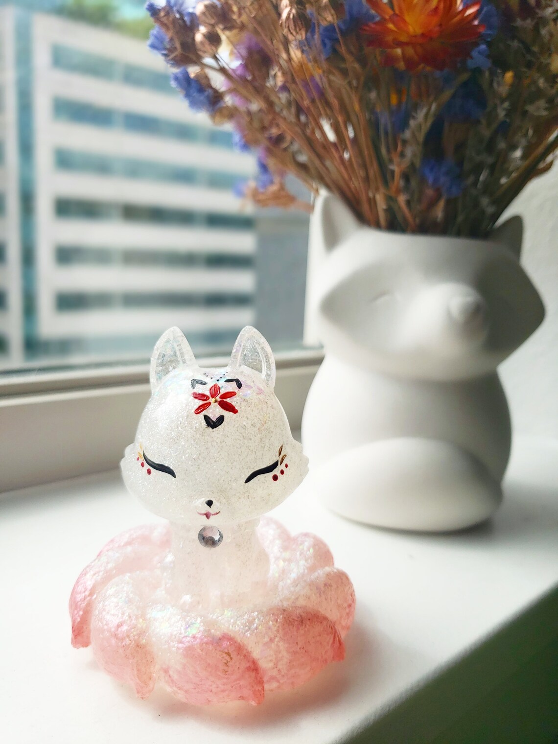 Sakura Nine Tailed Fox - Kitsune / Resin Fox Figurine / Resin Kitsune ...