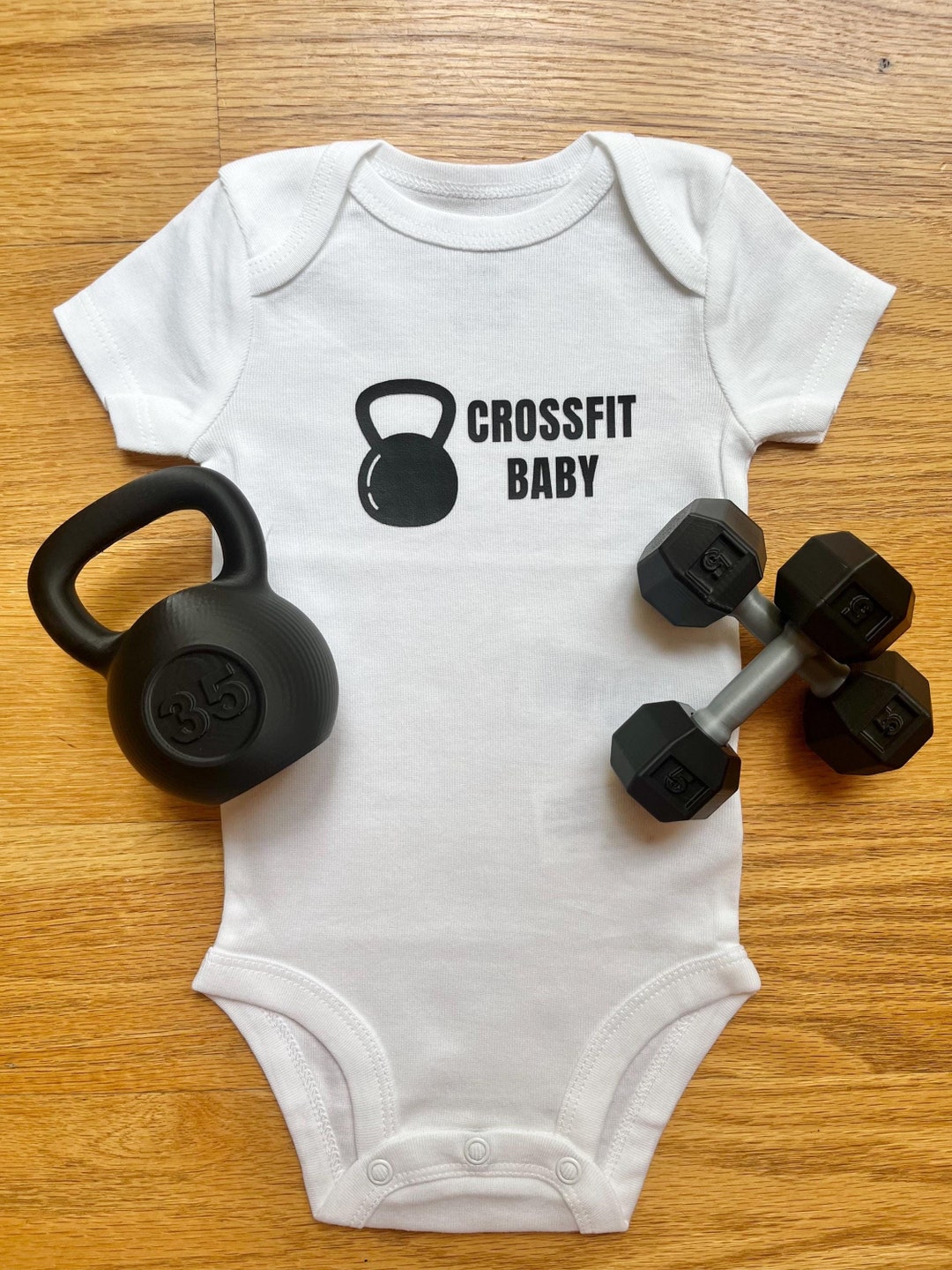 Set of "cross Fit Baby" Infant Bodysuit, Two Baby Rattle Dumbbells and ...