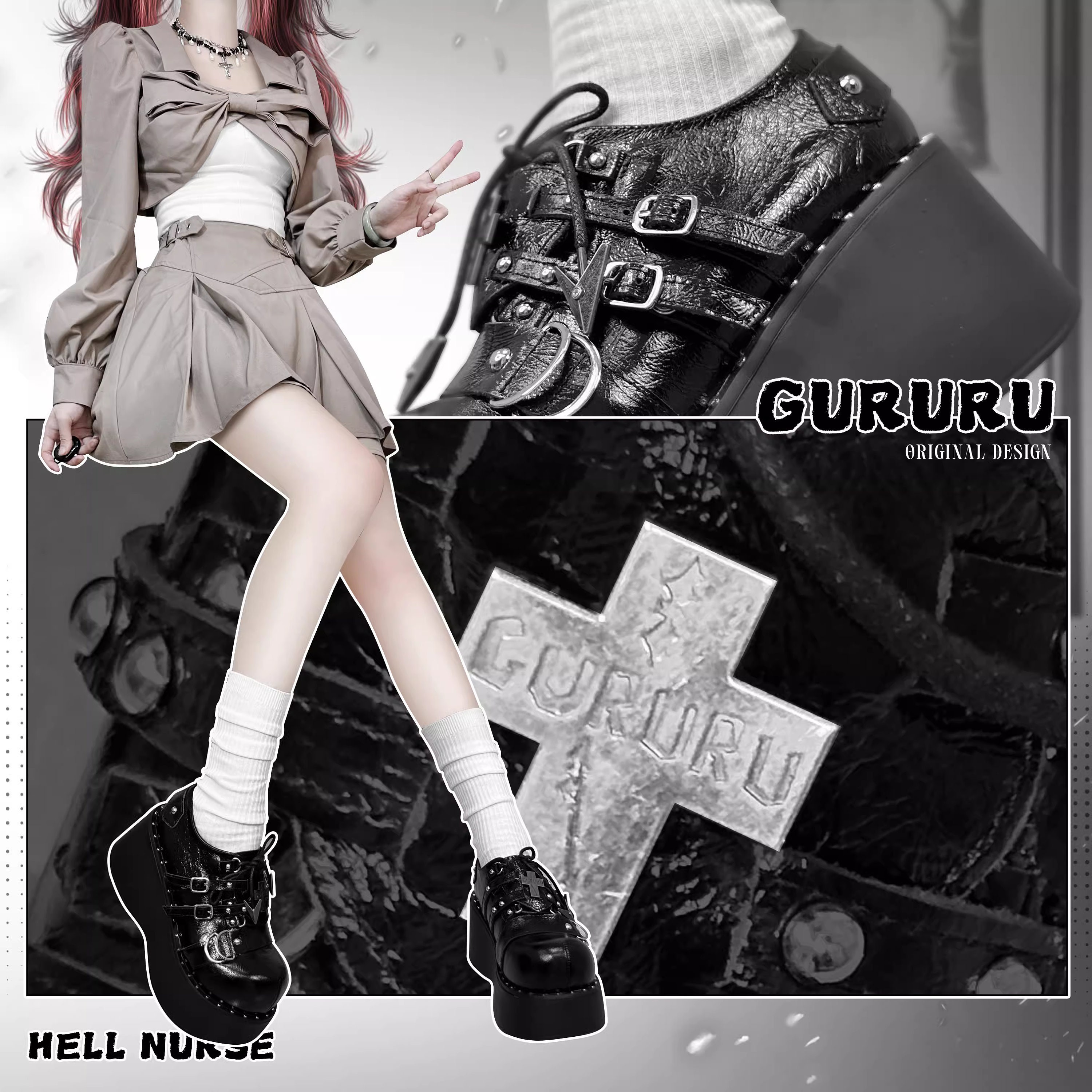 Hell Nurse Genuine Leather Black Goth Harujuku Y2K Subculture Punk Hot Girl Thick-soled Platform ...