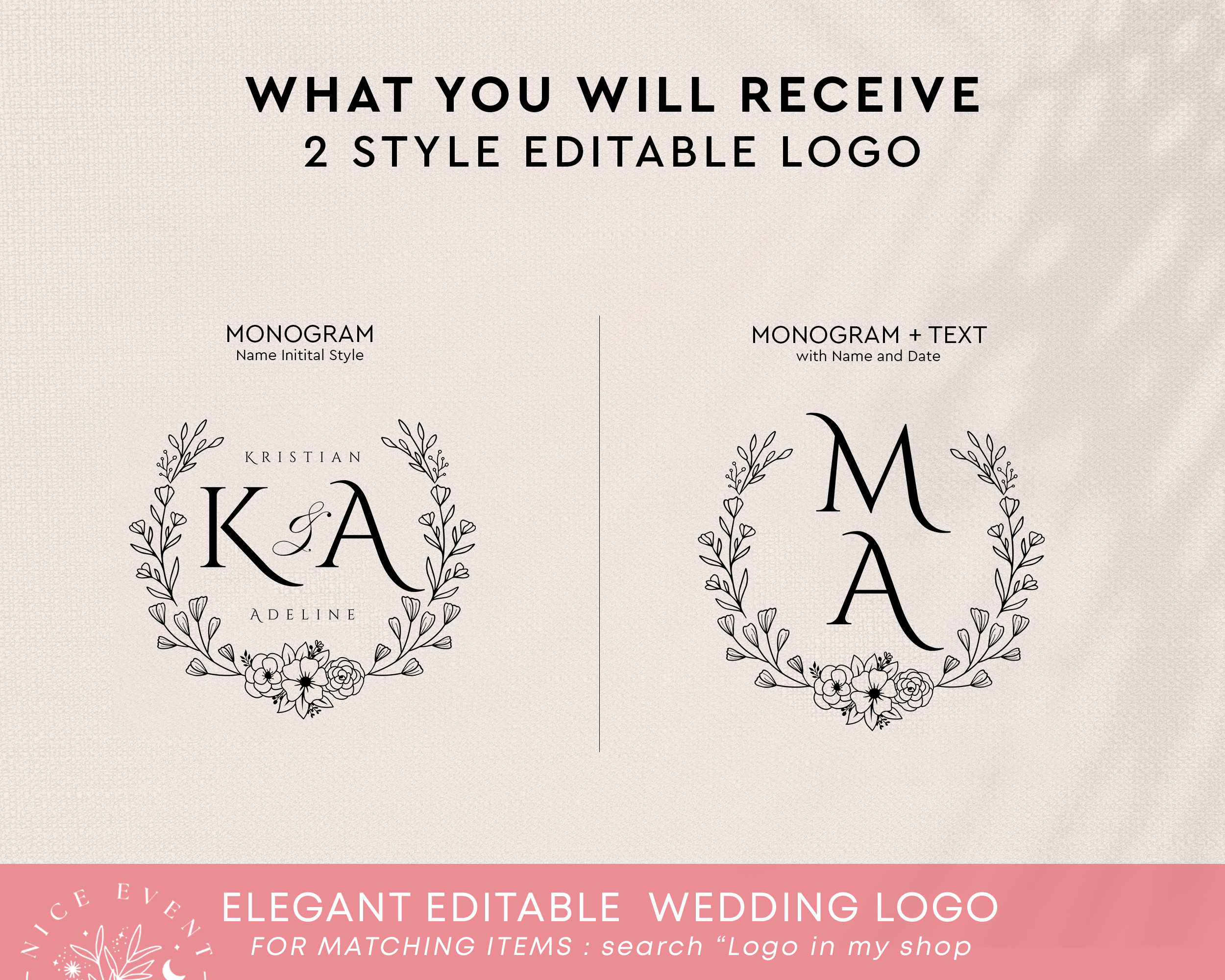 Simple Wedding Logo Floral Wedding Monogram Logo Editable - Etsy