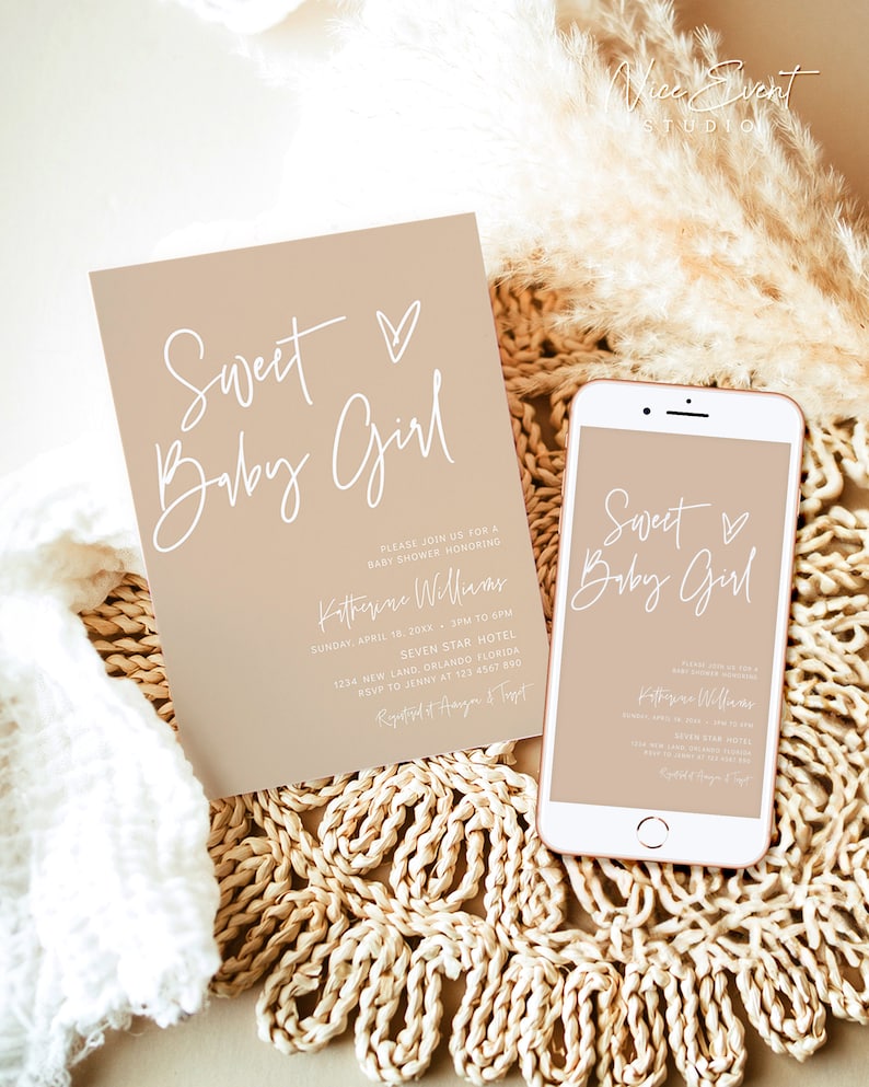 Beige Sweet Baby Girl Shower Invitation Editable Template Boho Baby ...