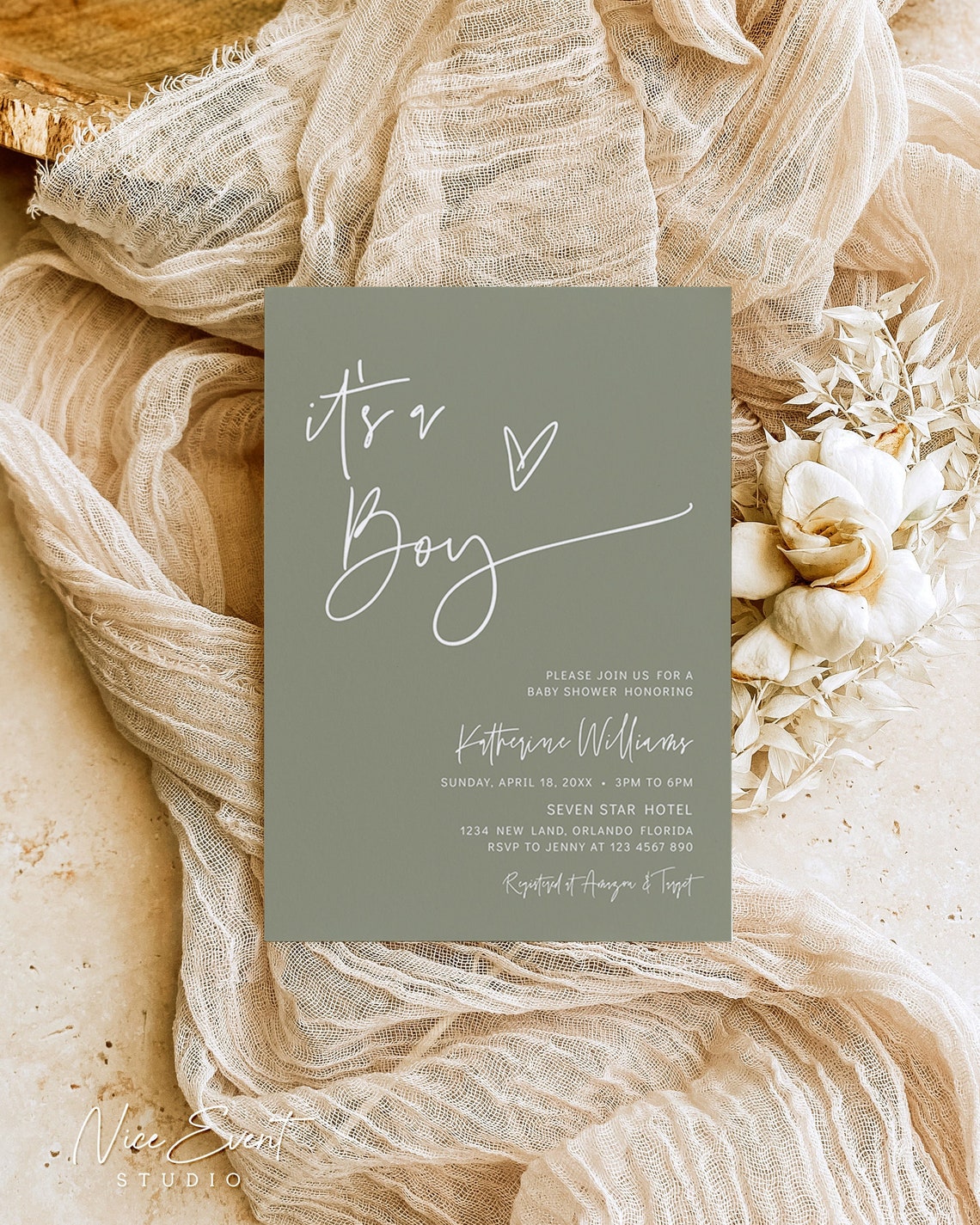 Sage Green Baby Shower Invitation Printable Boy Baby Shower Invite It's ...