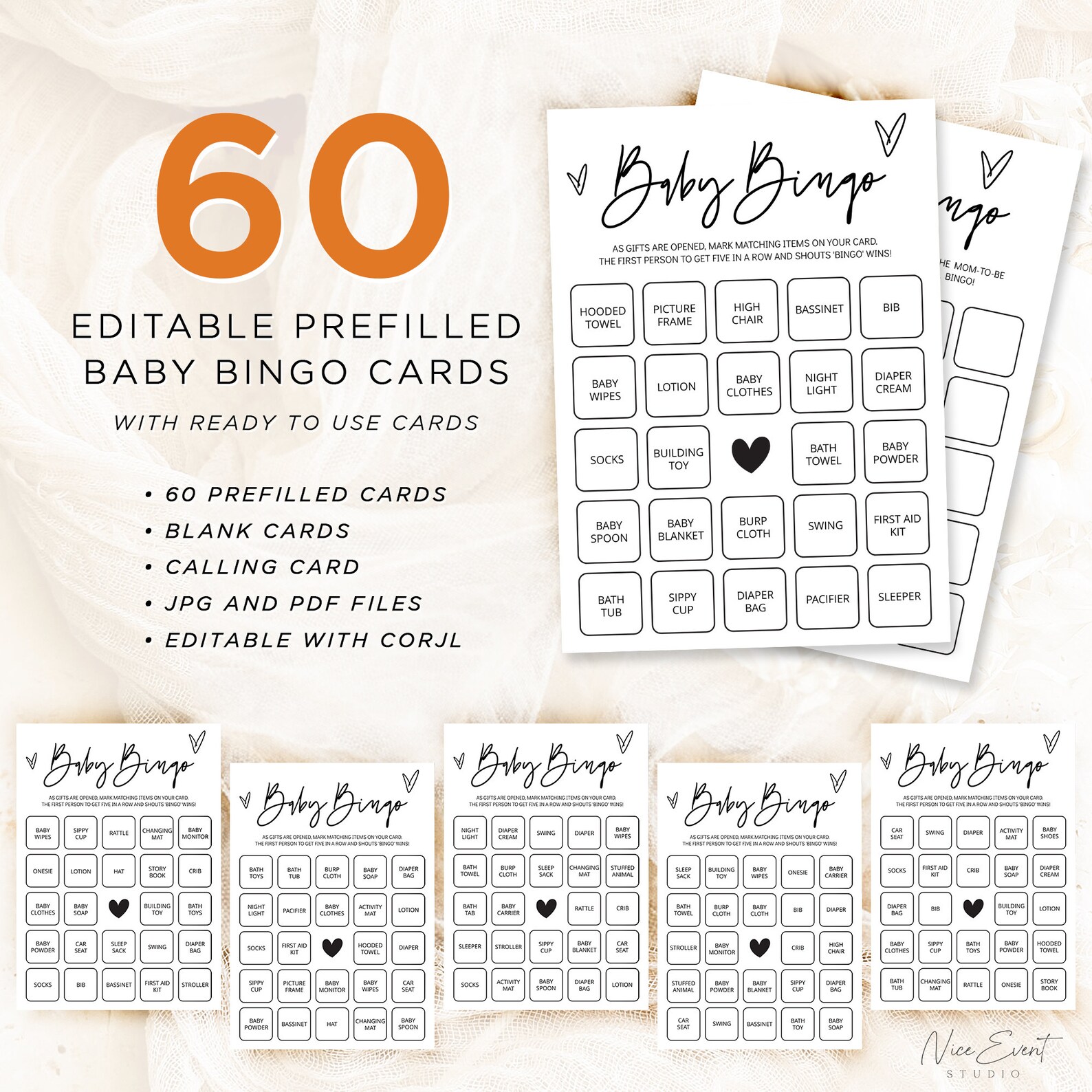 Baby Bingo Game 60 Prefilled Baby Bingo Cards Editable Baby Shower ...