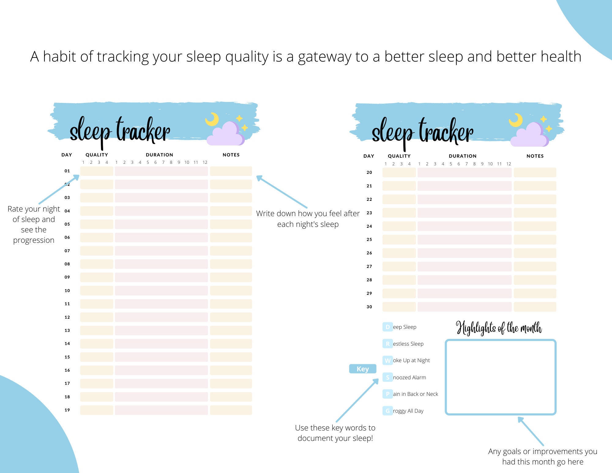 Printable Wellness Sleep Tracker (US Letter) | Document Nightly Sleep ...