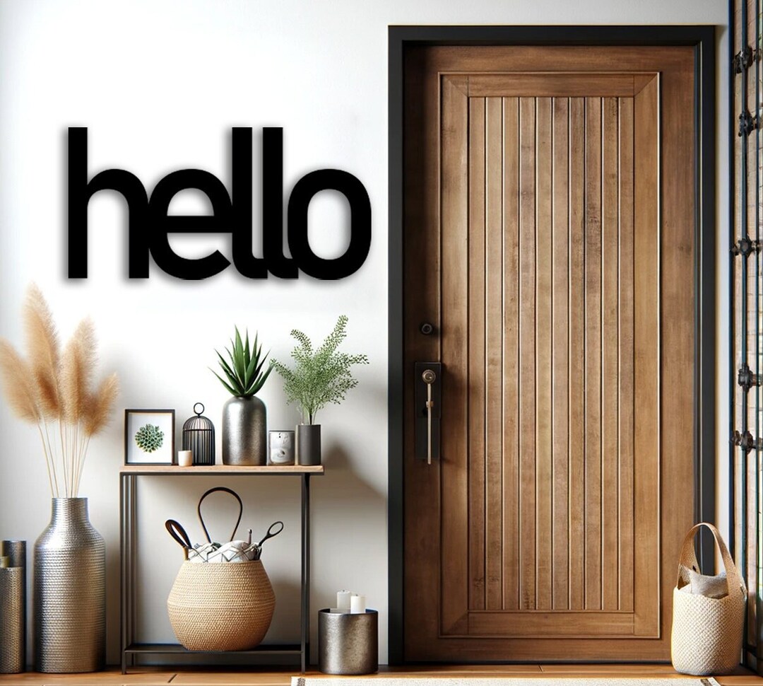 Welcome Hello Metal Sign, Front Door Decor, Metal Line Art, Vertical ...