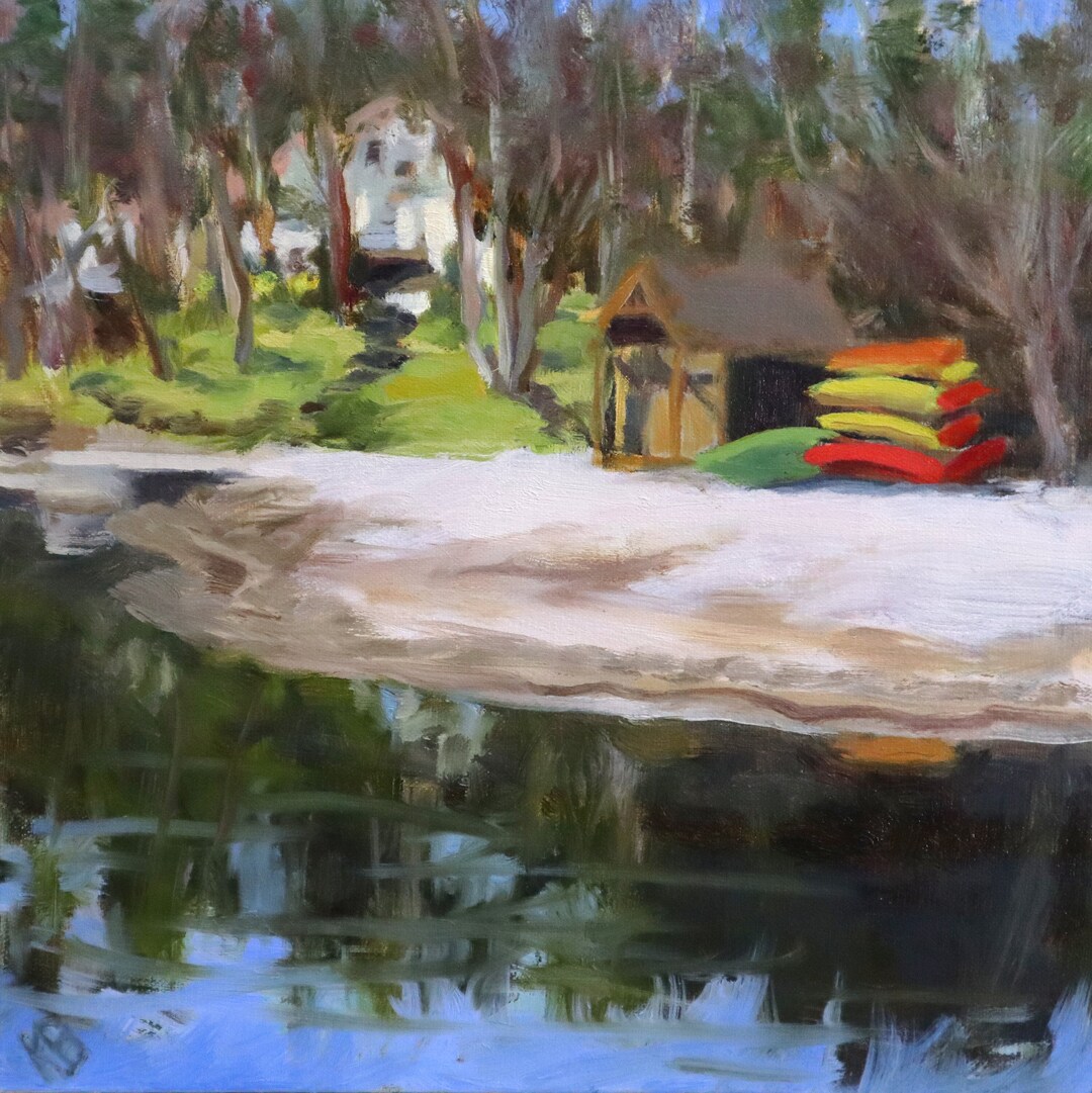 Impressionist Lake Landscape Oil Painting: Colorful Canoes, Lake Life ...