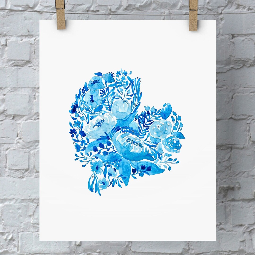 Blue Heart Wall Decor - Emoji - Floral Heart Art - Blue Flowers Wall ...