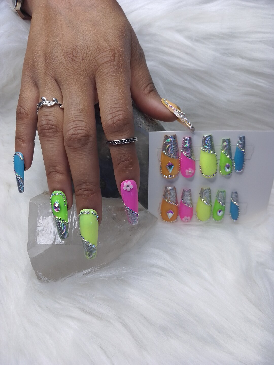 Multi Color Bling Coffin Press-on Nails Set of 20 - Etsy