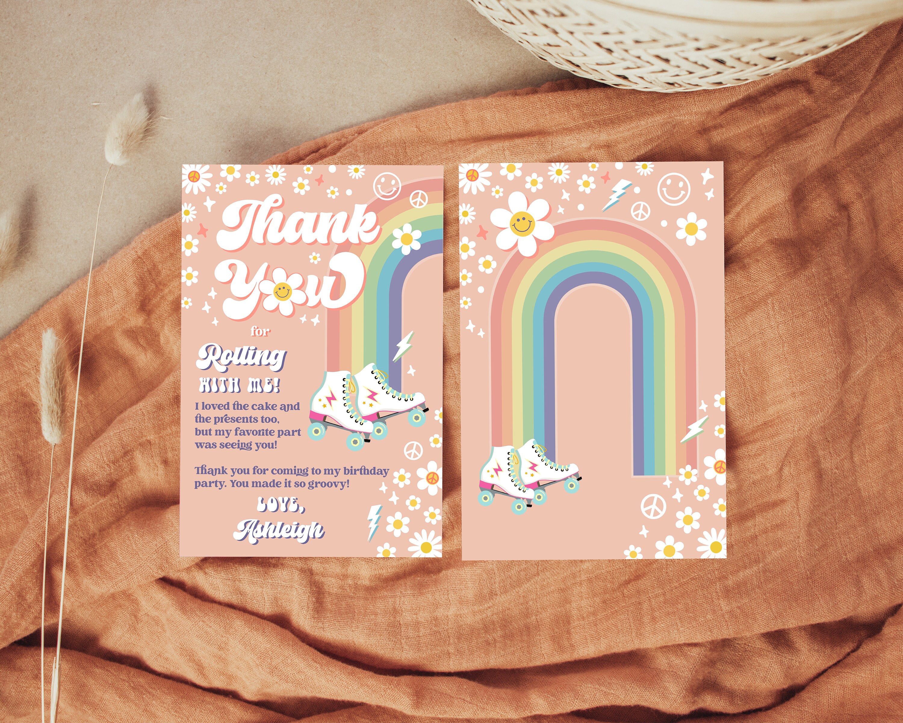 Editable Thank You Card Template - Retro Groovy Let's Roll Roller Skate ...
