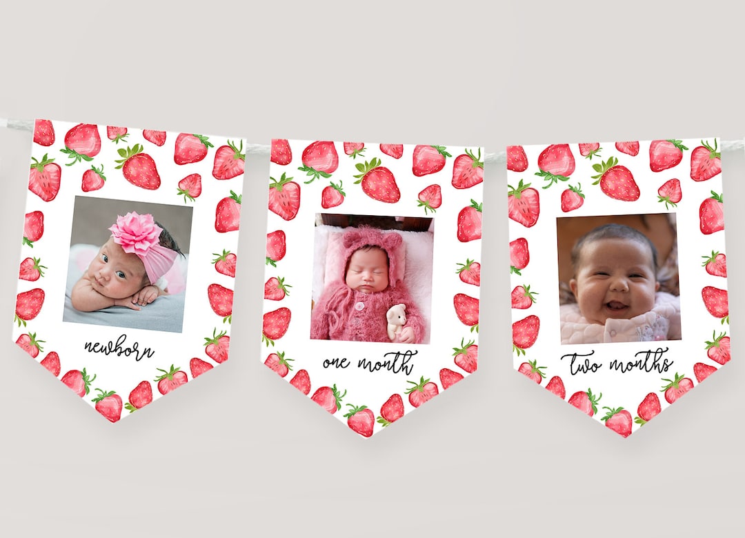 Editable Strawberry First Birthday Monthly Photo Banner - Strawberry ...