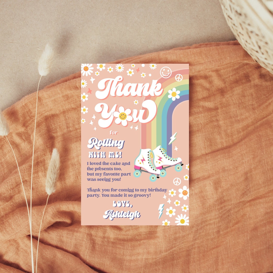 Editable Thank You Card Template Retro Groovy Let's Roll Roller Skate ...