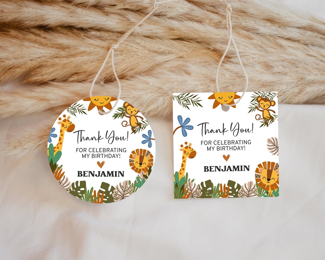 Editable Jungle Safari Birthday Favor Tag Template - Circle Square Gift ...