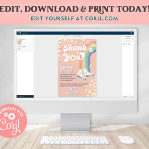 Editable Thank You Card Template - Retro Groovy Let's Roll Roller Skate ...