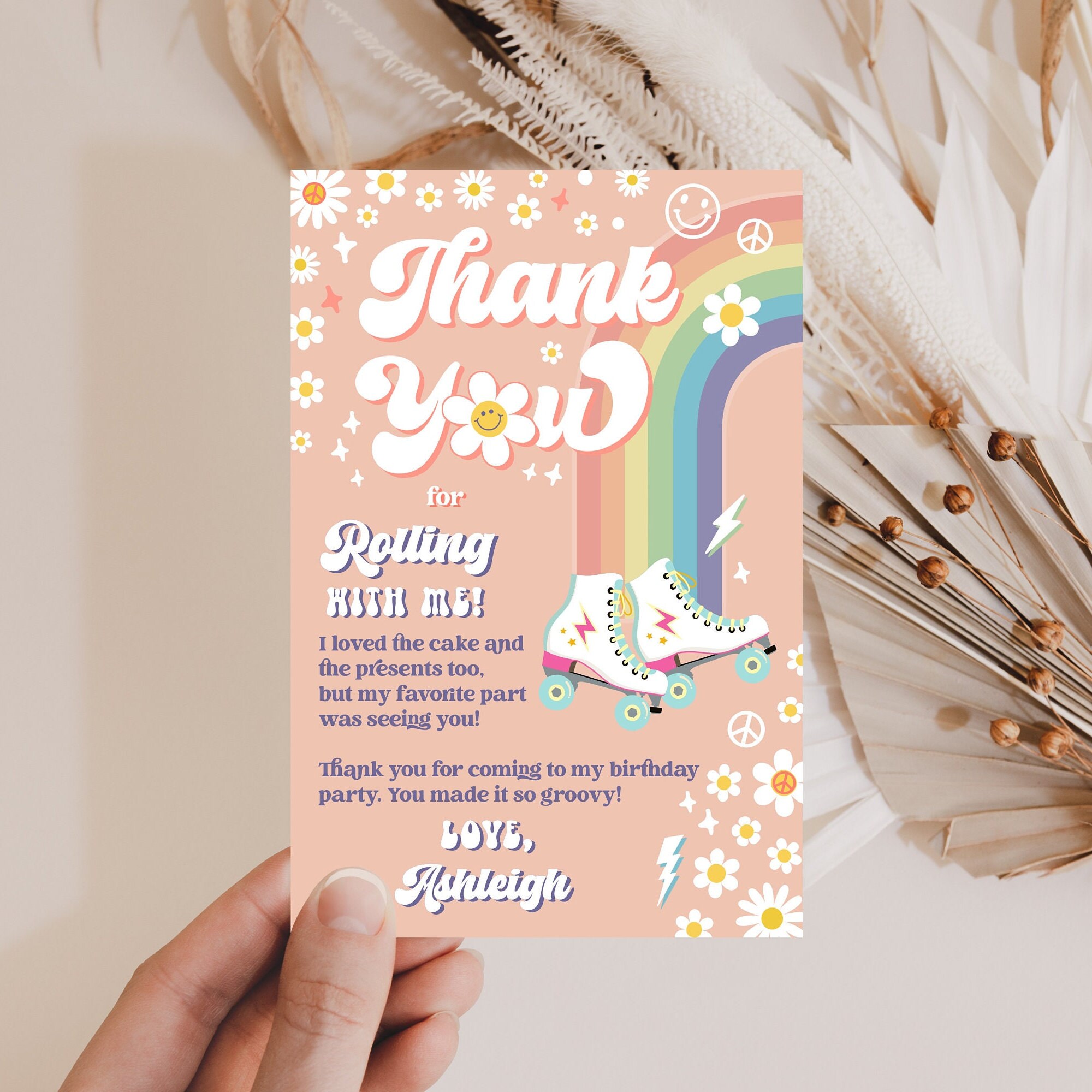 Editable Thank You Card Template - Retro Groovy Let's Roll Roller Skate ...