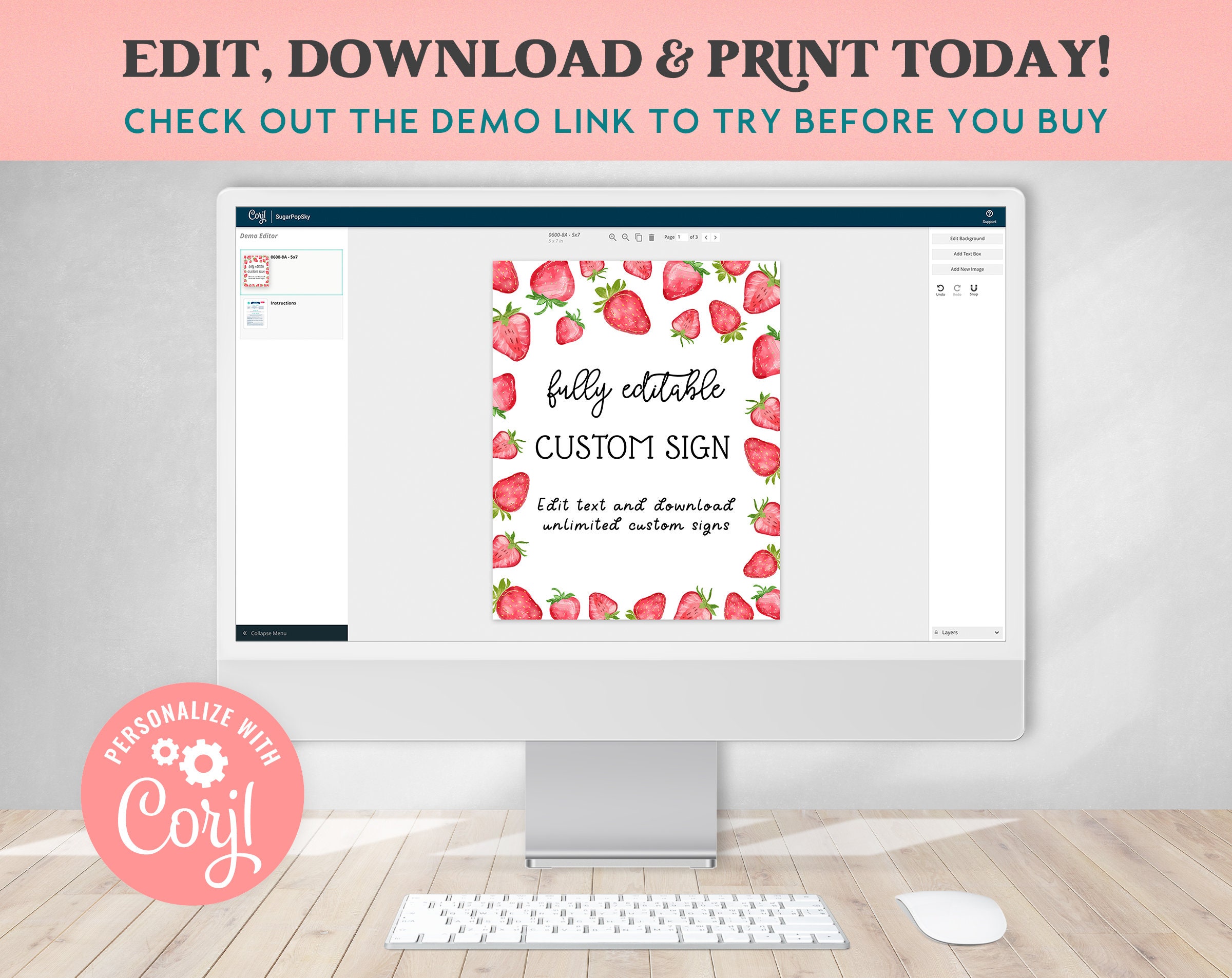 Editable Strawberry Custom Sign - Strawberry Birthday Party Custom Sign ...