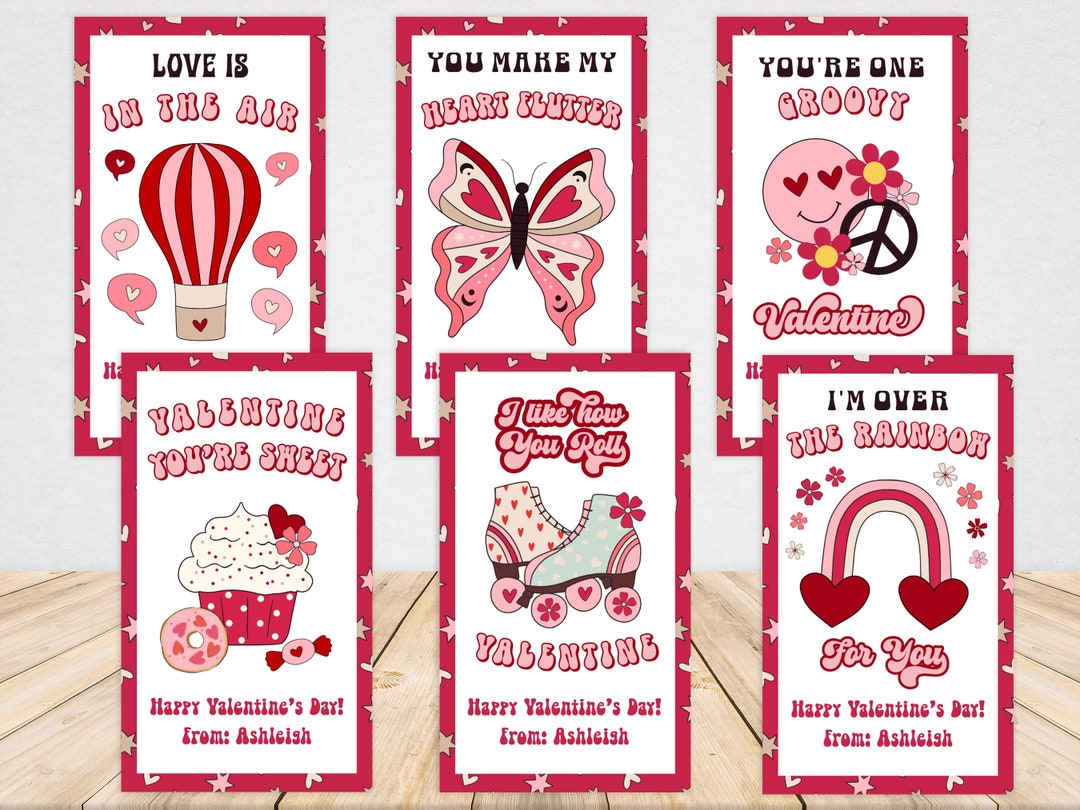 Editable Retro Groovy Boho Pink Valentine's Day Cards, Classroom ...