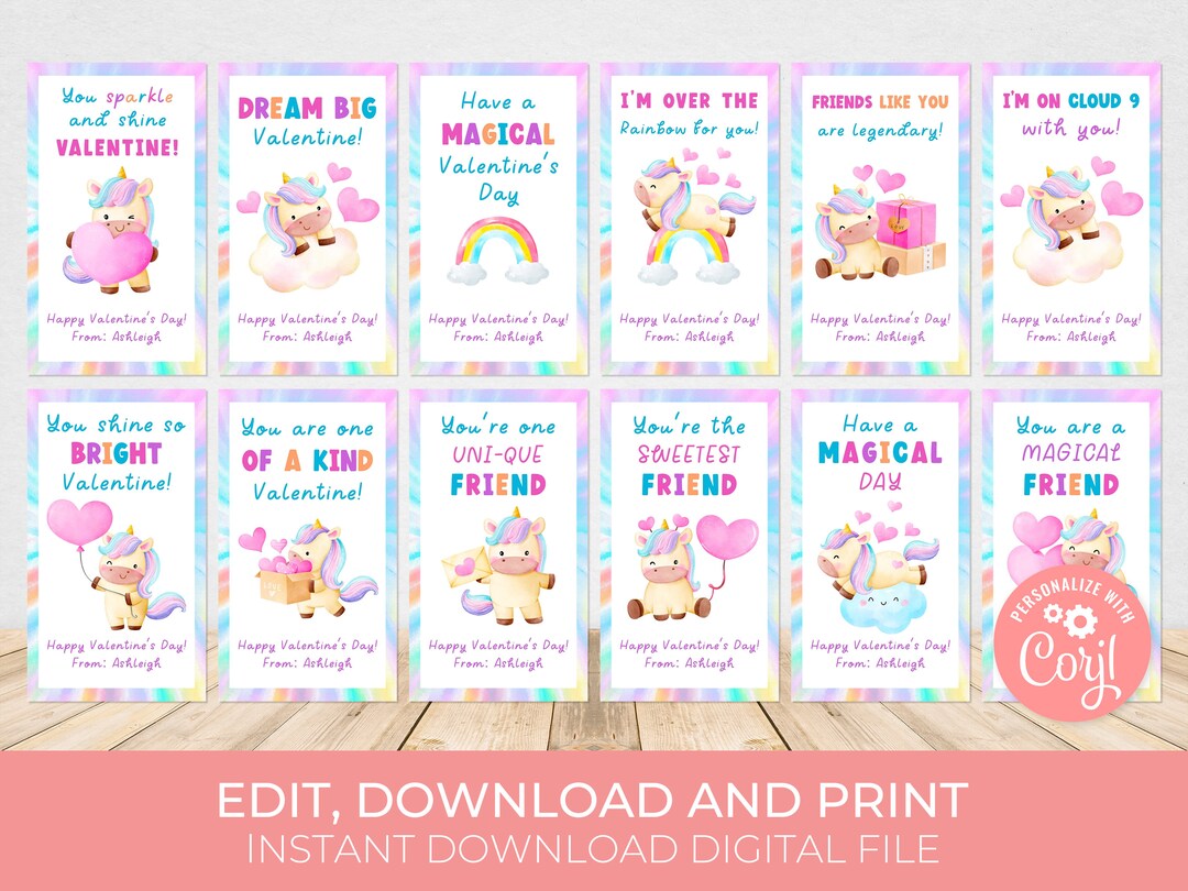 Editable Unicorn Valentine's Day Cards, Classroom Valentine's Day Cards ...