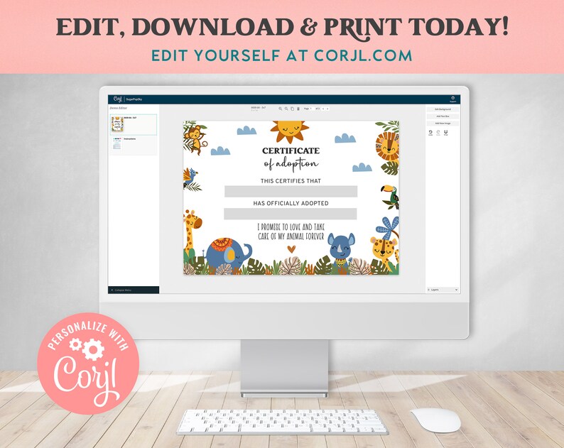 Editable Animal Adoption Certificate + Sign - Wild Boho Jungle Animal ...