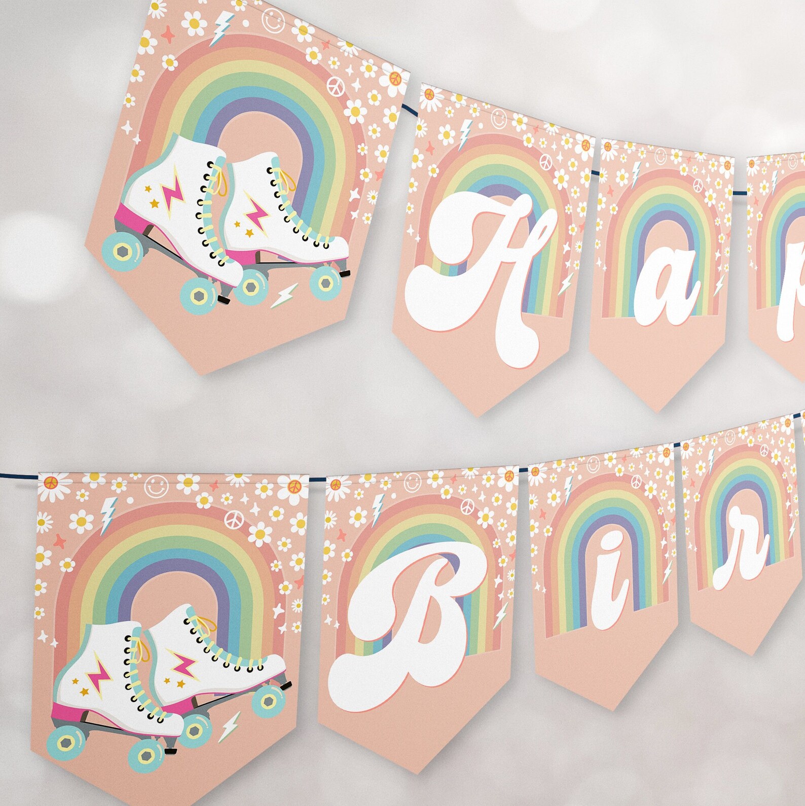 Roller Skate Happy Birthday Banner - Retro Groovy Let's Roll Roller ...