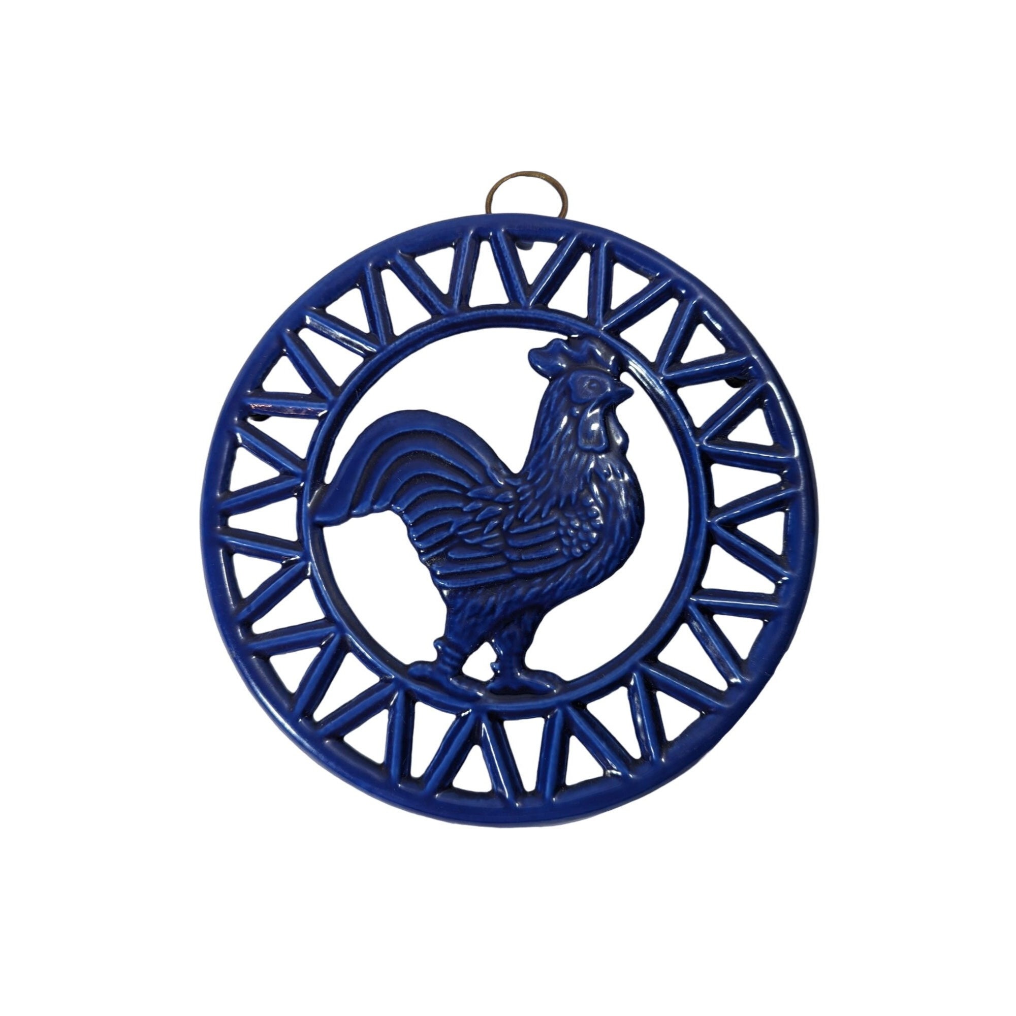 Royal Blue Enamel Rooster Chicken Cast Iron Trivet Tabletop or Hanging ...