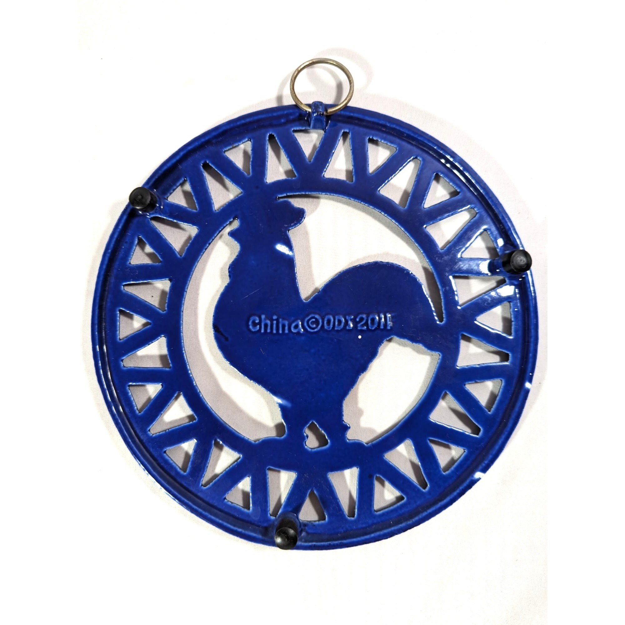 Royal Blue Enamel Rooster Chicken Cast Iron Trivet Tabletop or Hanging ...