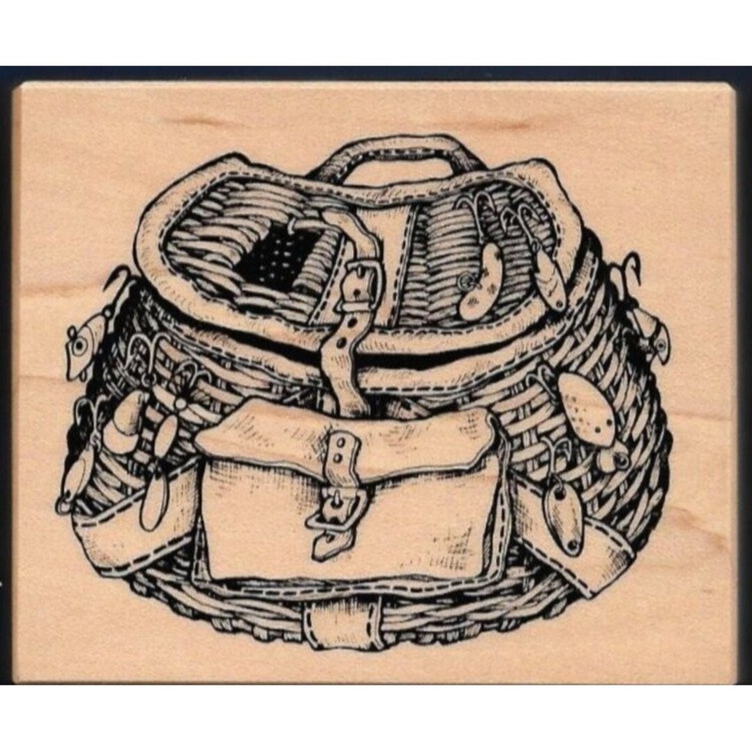 1995 PSX Rubber Stamp Fly Fishing Wicker Creel Wood Mounted 3 X 2.5-in ...