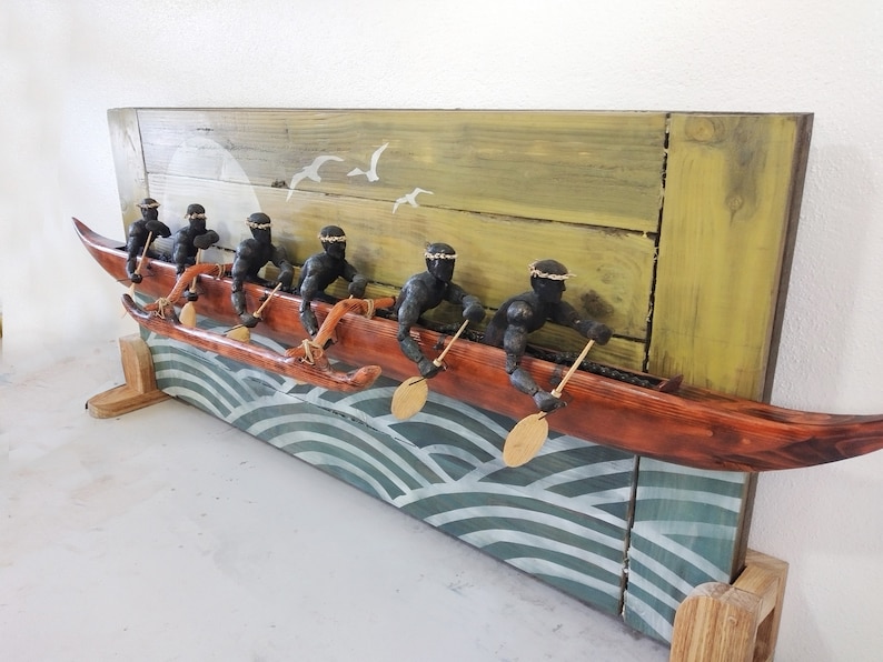 Hawaiian Outrigger Canoe Wood Carving Motorized 6-man Paddlers Hawaii ...