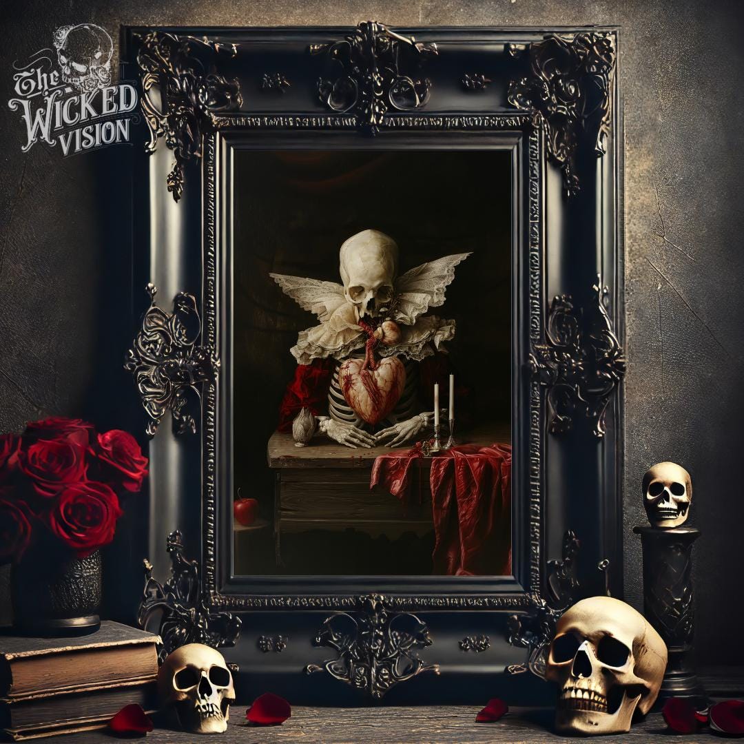 Gothic Skeleton With Heart Art Print, Dark Academia Skull Decor ...