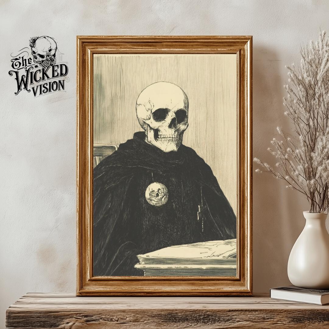 Gothic Skeleton Art Print, Dark Academia Skull Illustration, Eerie ...