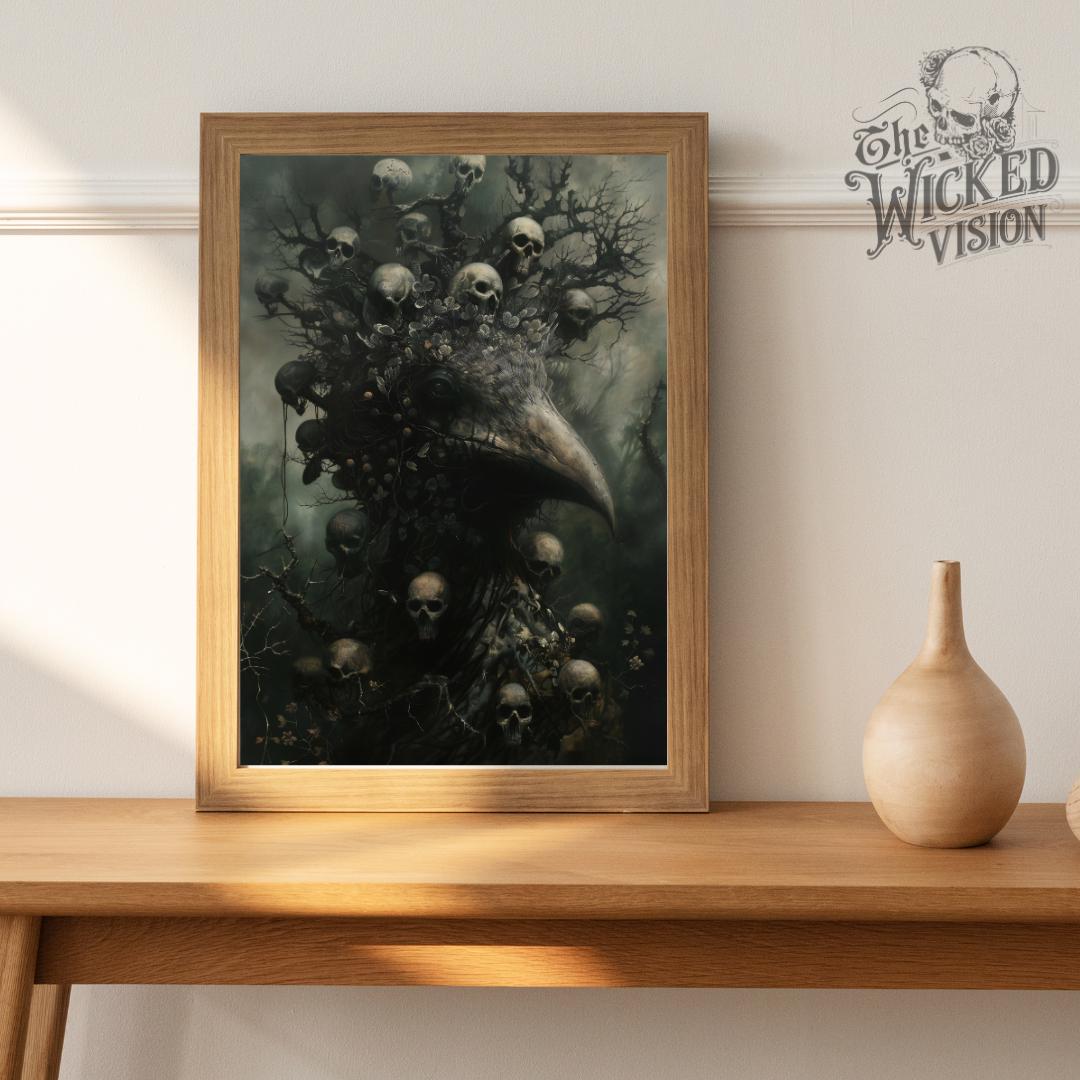 Dark Crow and Skulls Printable Art, Haunted Bird Decor, Creepy Fantasy ...