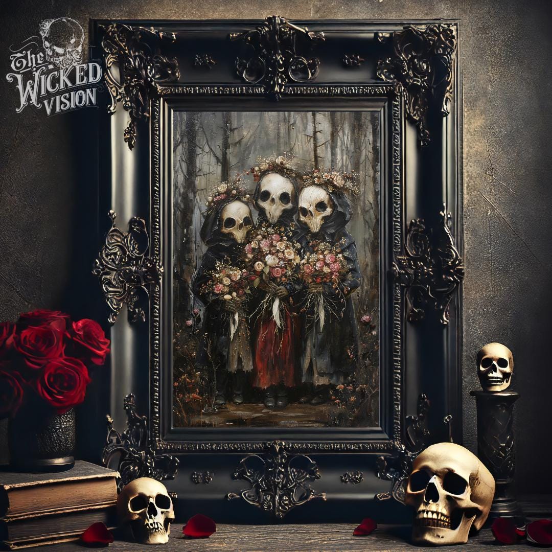 Gothic Skeleton Flower Art, Dark Academia Skull Illustration, Eerie ...