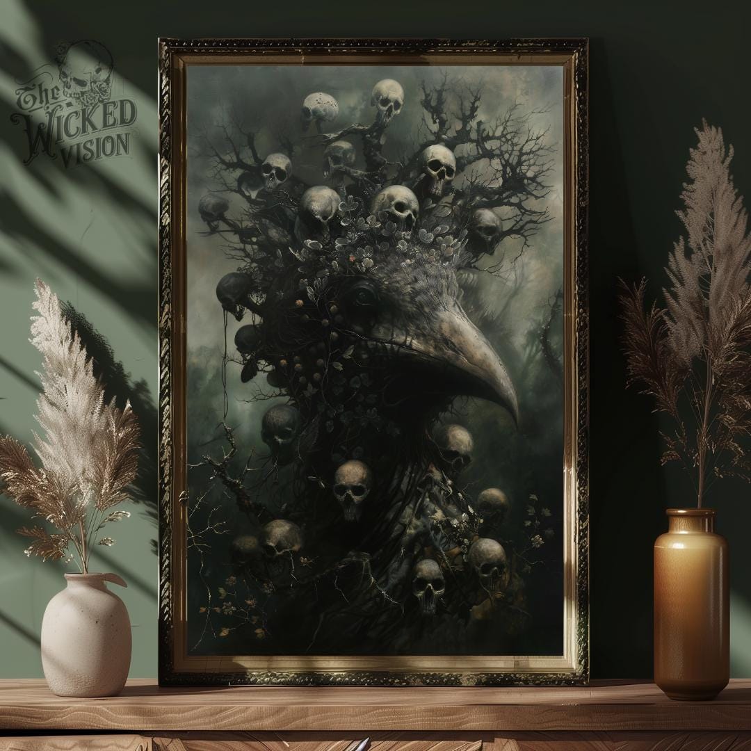 Dark Crow and Skulls Printable Art, Haunted Bird Decor, Creepy Fantasy ...