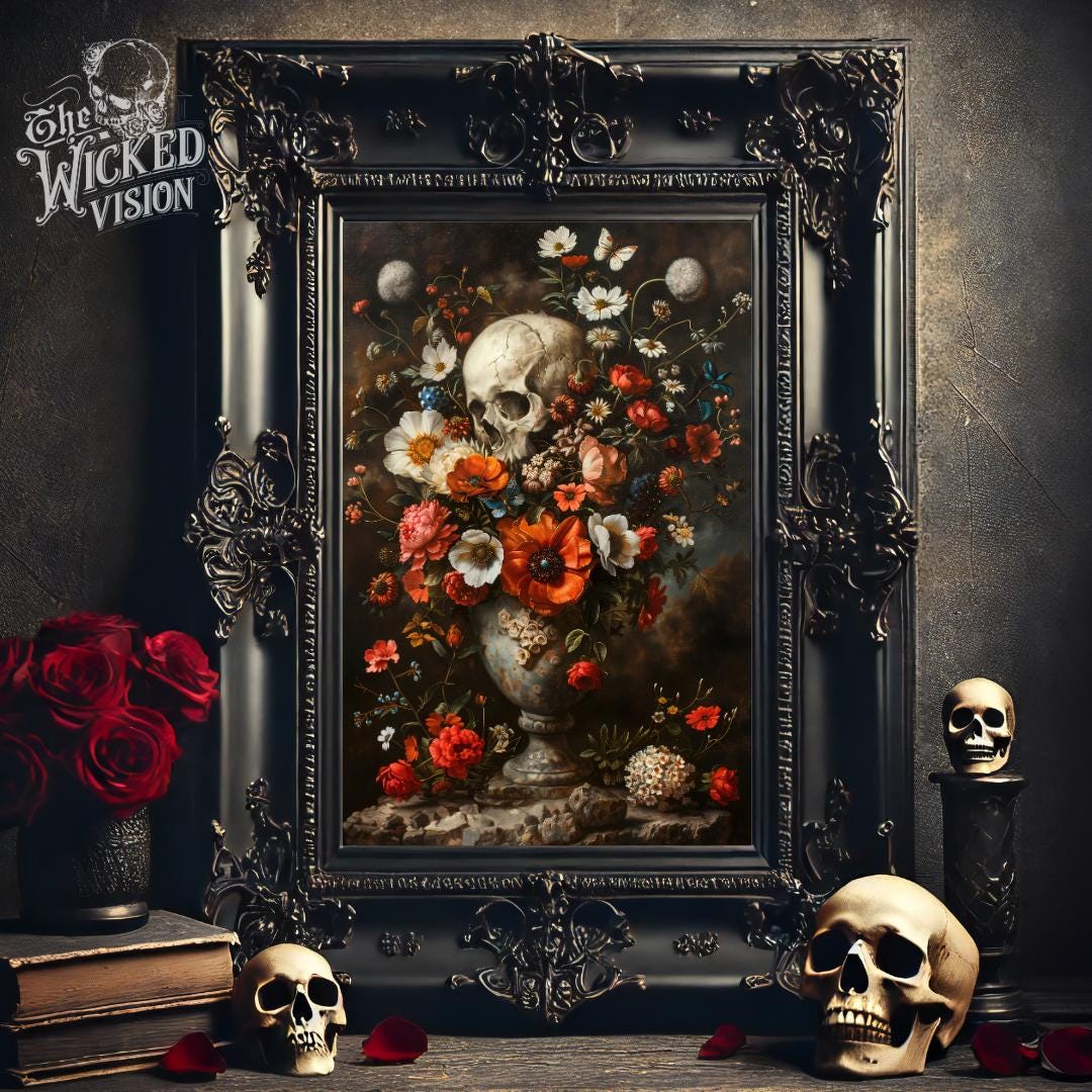 Floral Skull Printable Art, Dark Floral Home Decor, Gothic Flower ...