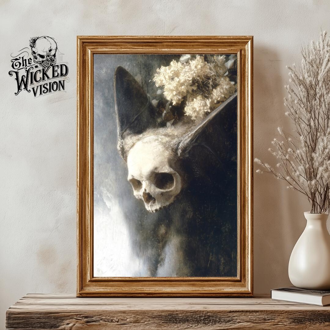 Bat Skull Art Print, Gothic Skull Wall Art, Dark Floral Skull Decor ...