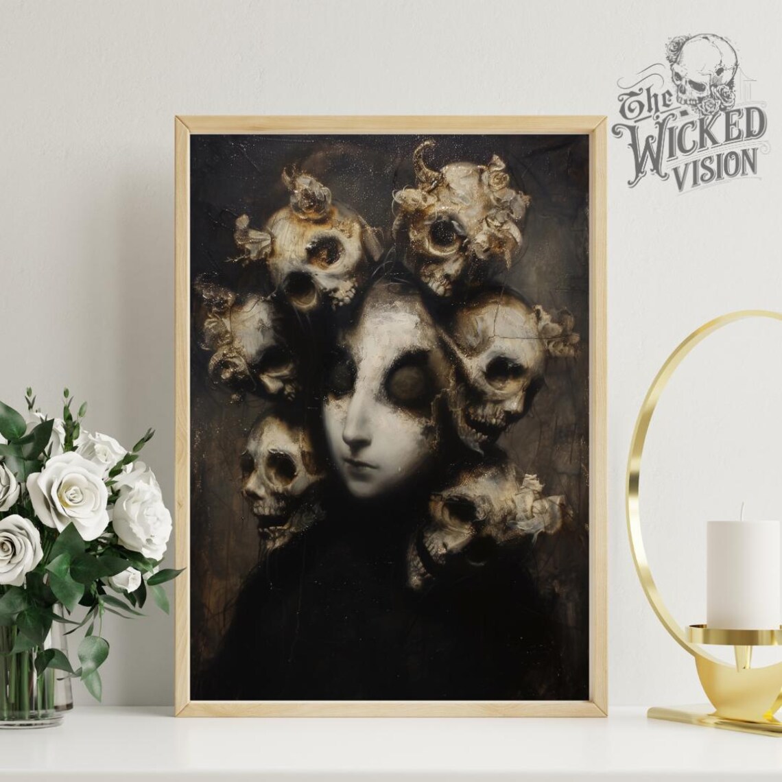 Dark Gothic Skull Art Print, Macabre Portrait With Skulls, Eerie Dark ...
