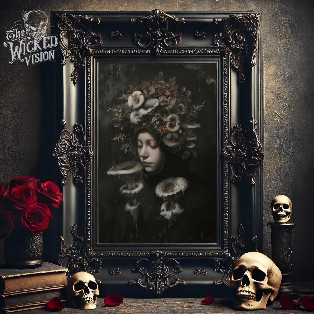 Mushroom Portrait Art Print, Gothic Mushroom and Woman Illustration ...