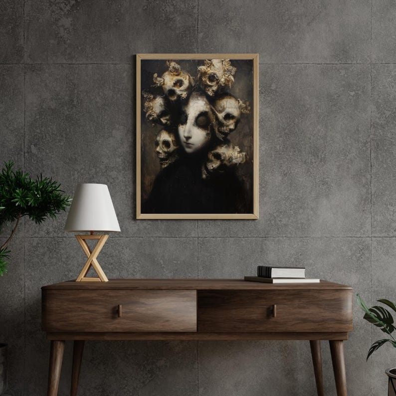 Dark Gothic Skull Art Print, Macabre Portrait With Skulls, Eerie Dark ...