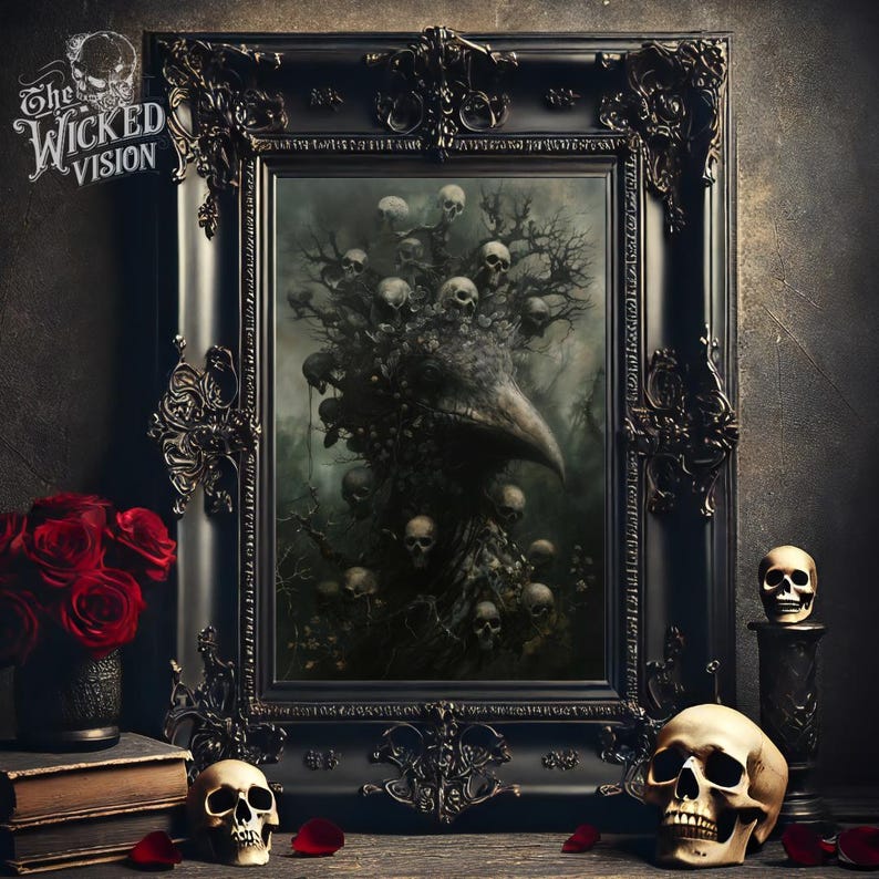 Dark Crow and Skulls Printable Art, Haunted Bird Decor, Creepy Fantasy ...
