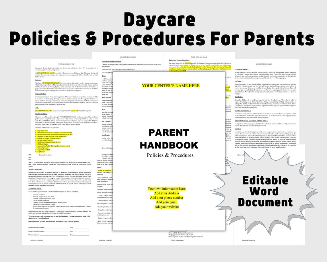 Daycare Parent Handbook: Policies and Procedures (WORD Document) - Etsy